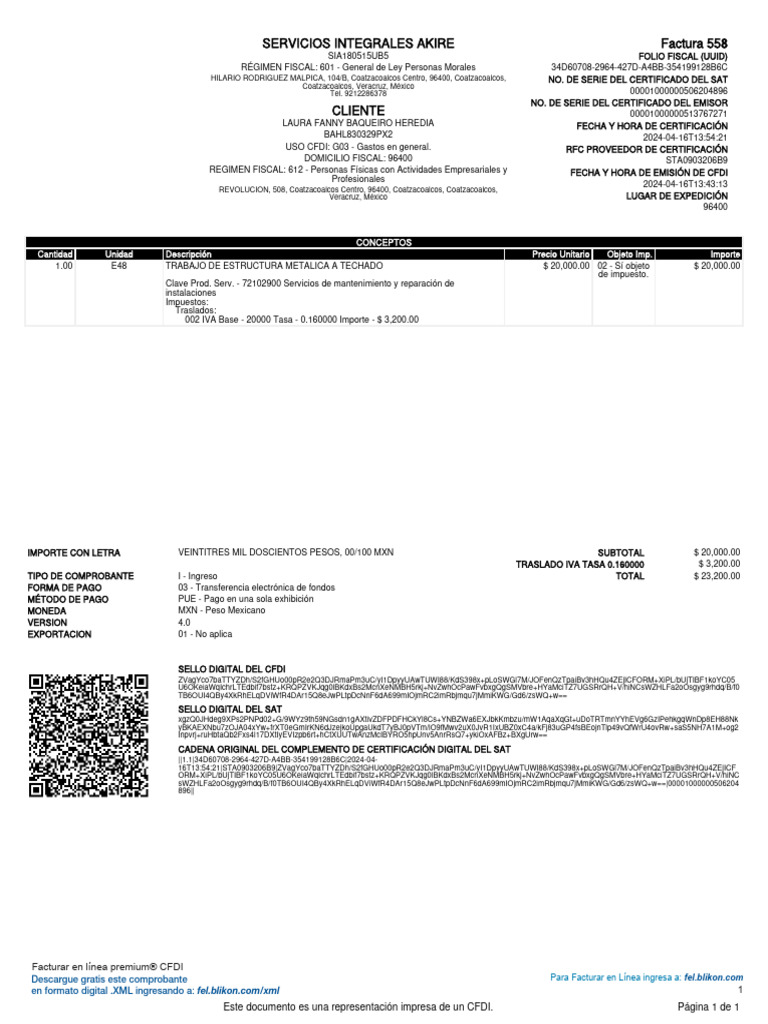 SIA180515UB5 Factura 558 | PDF | Dinero | Pagos