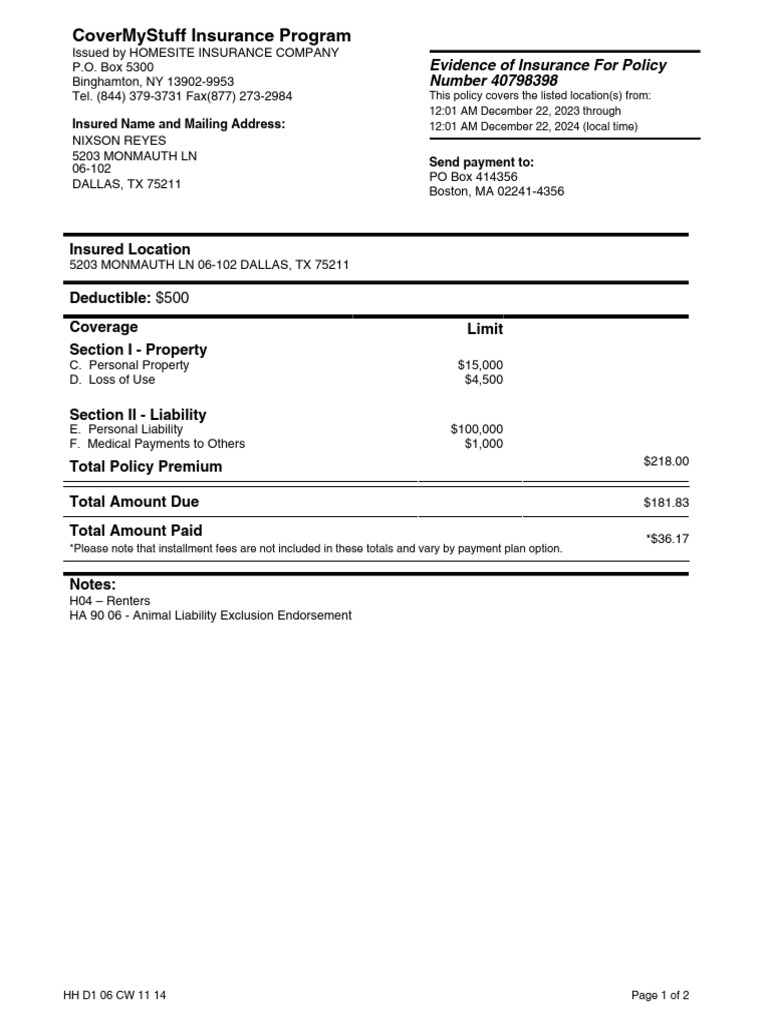 Proof of Insurance | PDF | Insurance | Deductible