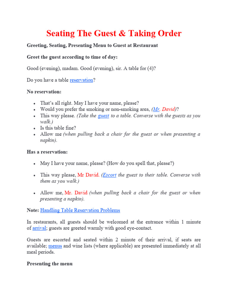 Seating The Guest and Taking Order | PDF | Menu | Waiting Staff