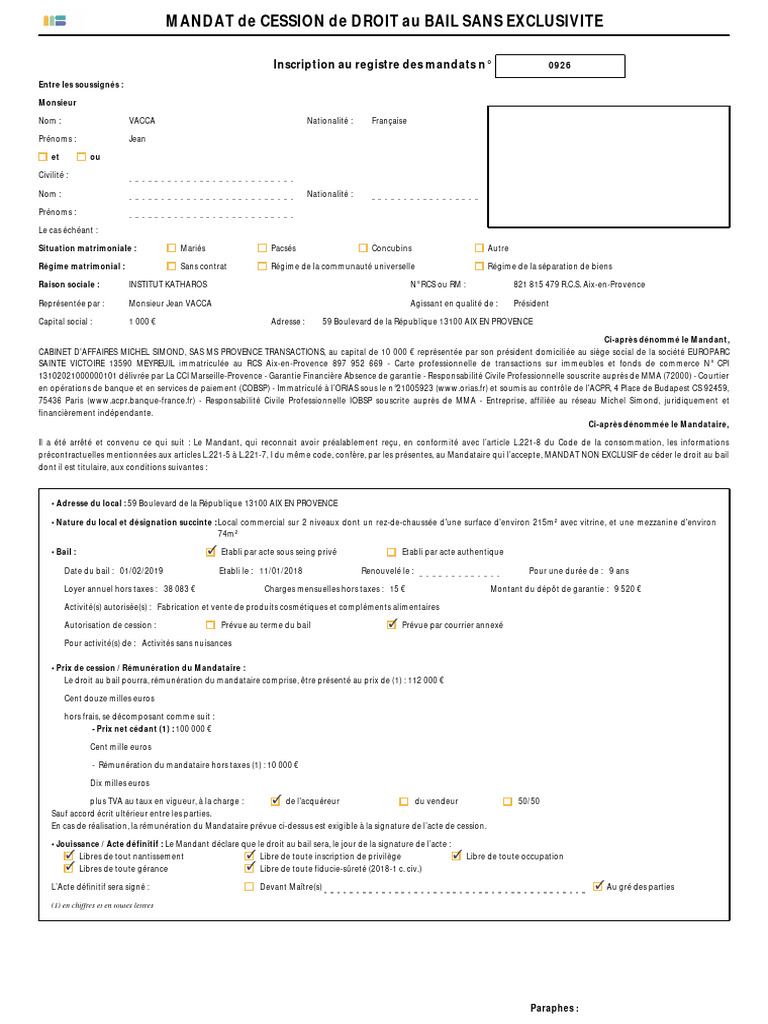 Mandat de Cession de Droit Au Bail - DIP | PDF