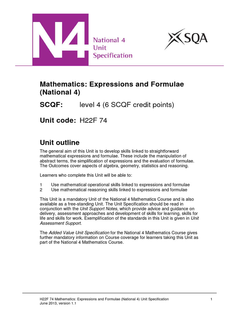 n4 Maths Unit Specification e and F - June 2013 Ver 1.1 Sqa | PDF | Mathematics | Educational ...