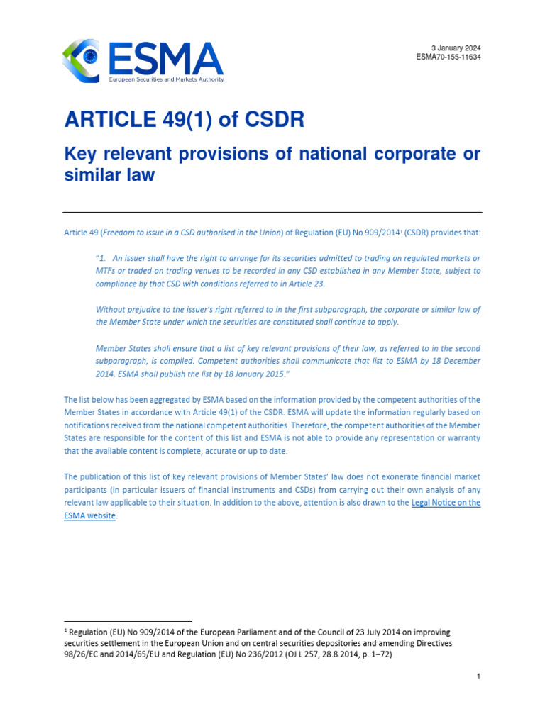Esma70-155-11634 CSDR National Corporate Laws Art 49 | PDF | Securities ...