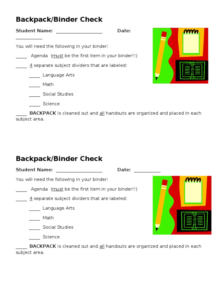 Backpack and Binder Organization Checklist | PDF | Career & Growth