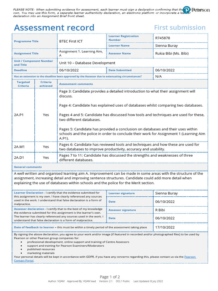 BTEC Assessment Record Sheet Example | PDF