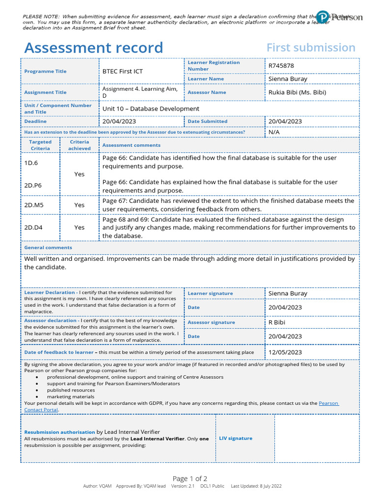 A4 BTEC Assessment Record Template 23 SB | PDF