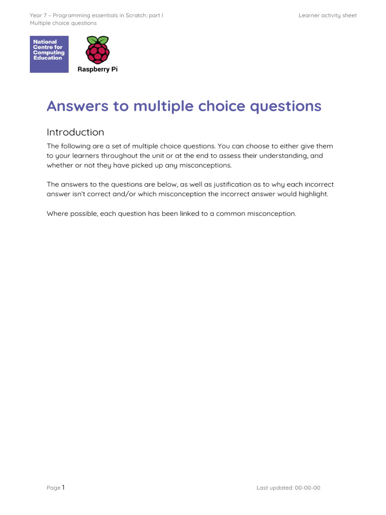 Multiple Choice Answers - Programming Essentials in Scratch - Part I - Y7 | PDF | Multiple ...