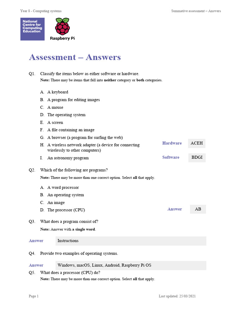 Summative Assessment Answers - Computing Systems - Y8 | Download Free PDF | Computer Data ...