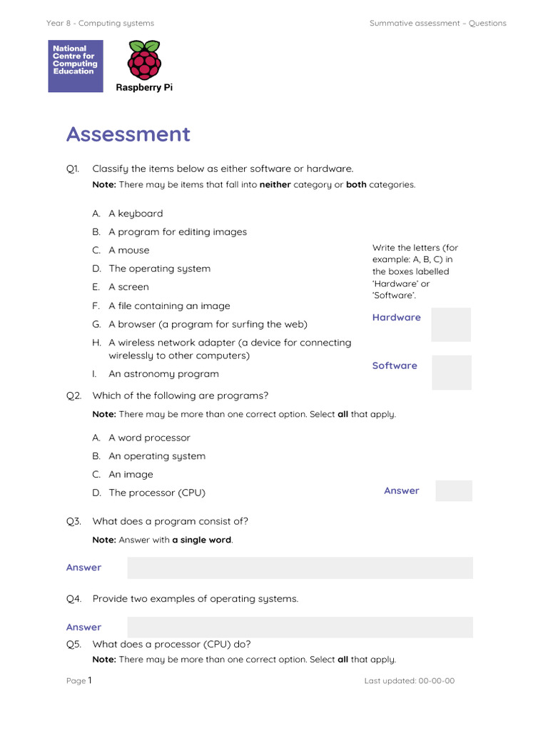 Summative Assessment Computing Systems Y8 Pdf Computer Data Storage Input Output