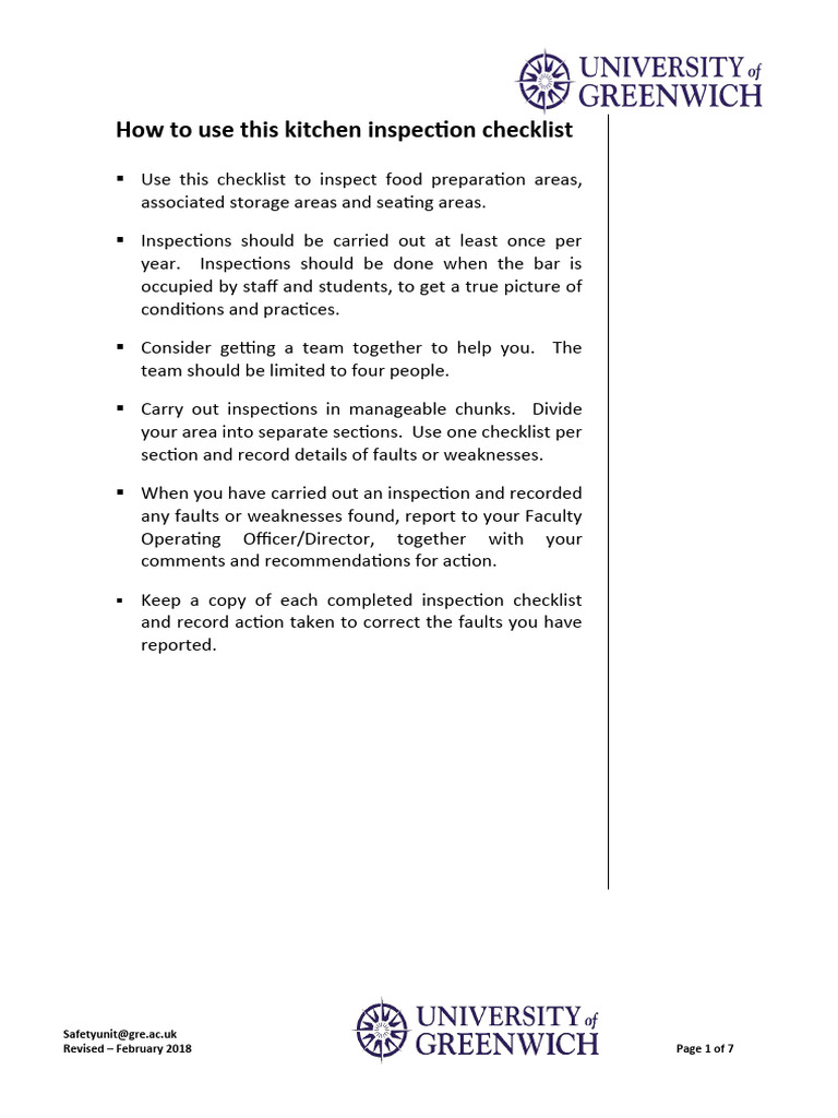 Kitchen Inspection Checklist Feb 2018 | PDF | Refrigerator | Electrical ...