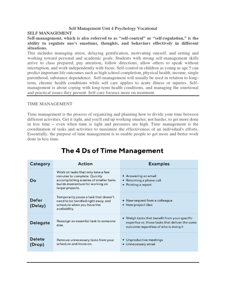 Self Management Unit 4 Psychology Vocational | PDF | Emotions | Stress (Biology)