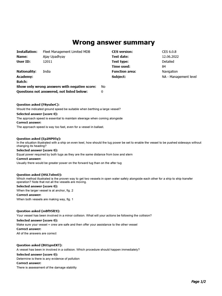 CES Wrong Answer Summary | PDF | Ships | Watercraft