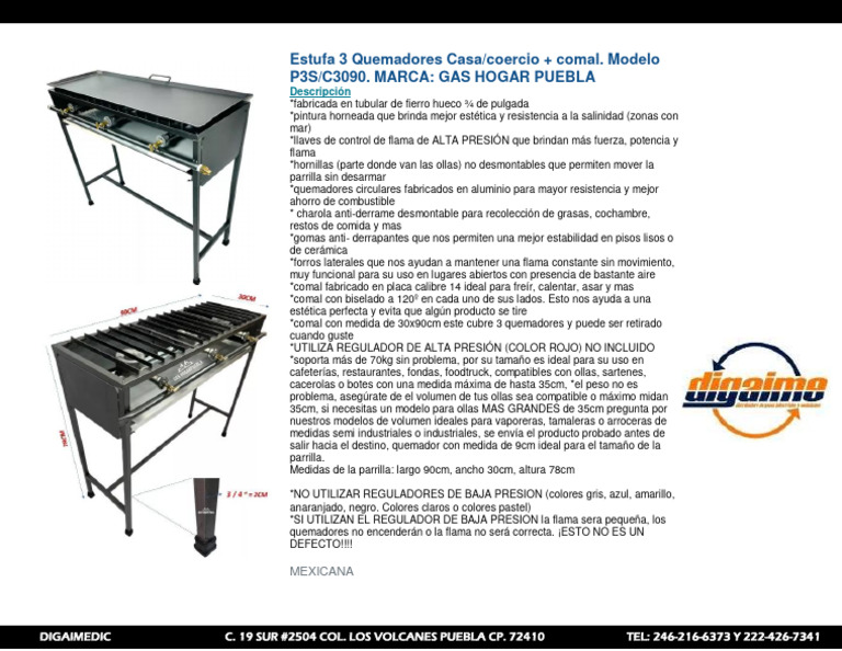 Estufa Gas Hogar Puebla con Comal 3 Quemadores | PDF | Estufa de cocina