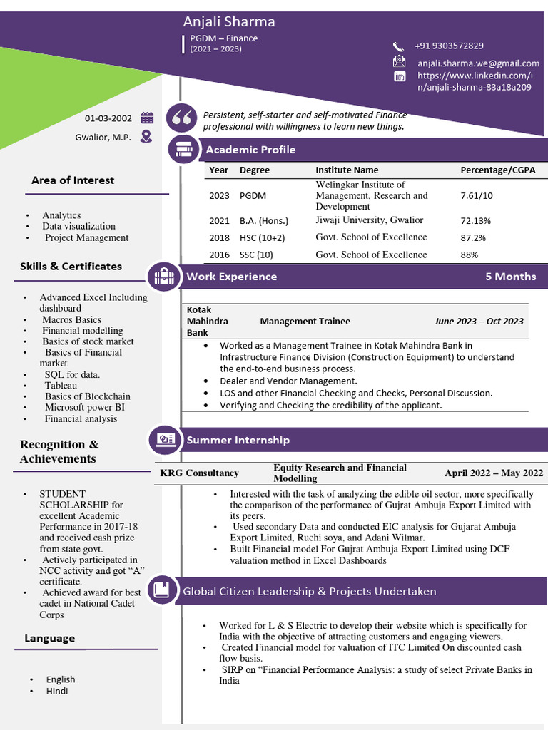 Anjali Sharma Resume Kotak Mahindra Bank 2023 | PDF | Valuation ...