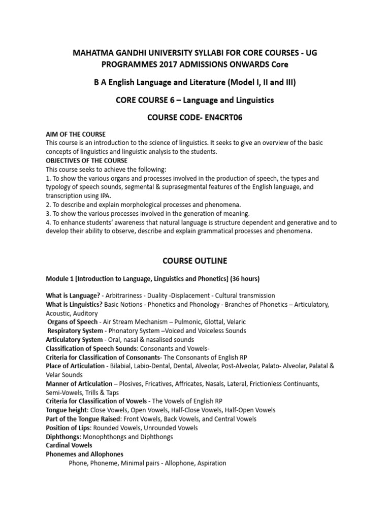 Language & Linguistics Revised Syllabus - 2017 Admn Onwards | PDF | Vowel | Phonetics