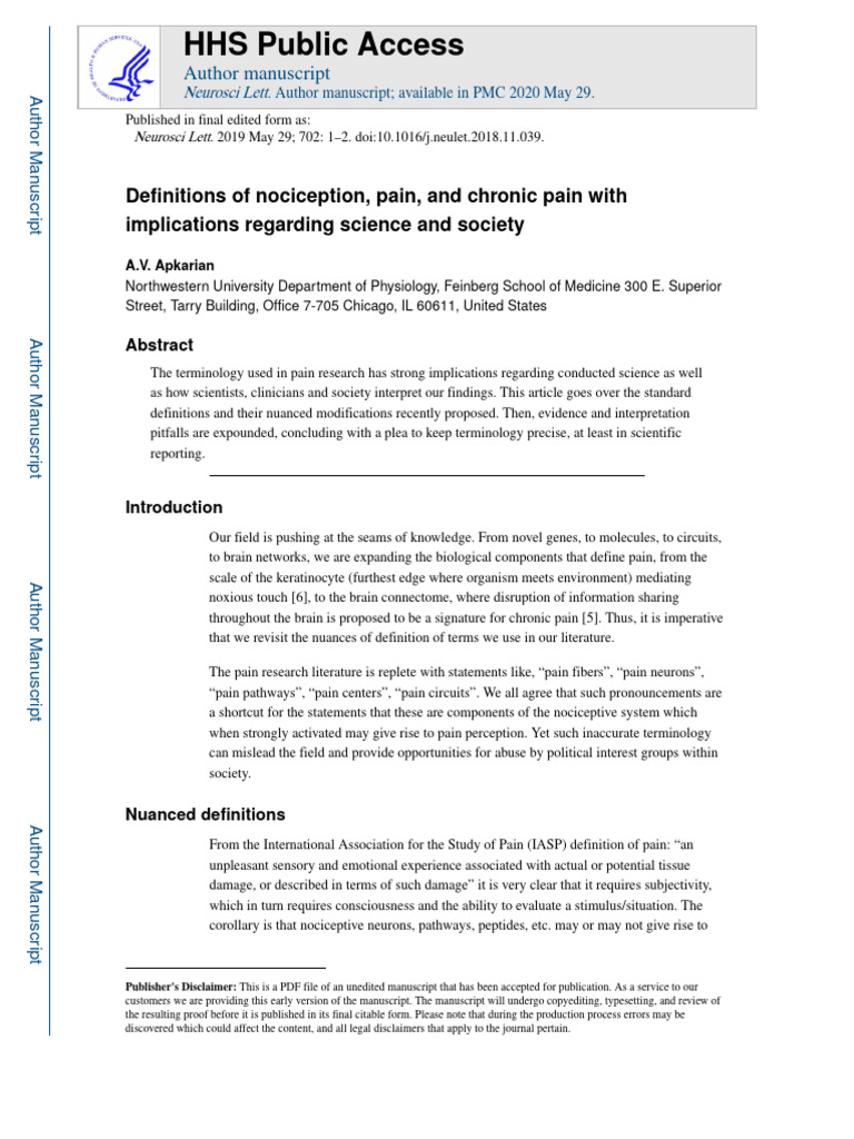 Definitions of Nociception, Pain, and Chronic Pain With Implications ...