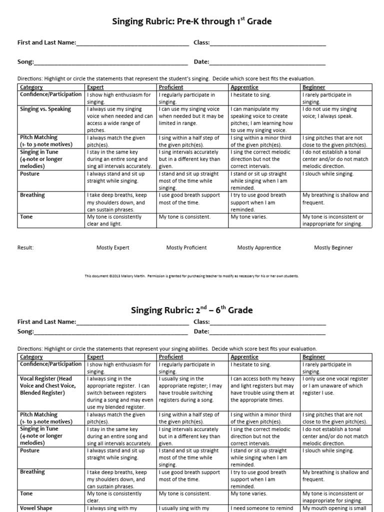 Singing Assessment Rubric for Grades Pre-K-6 | PDF | Singing | Tone ...