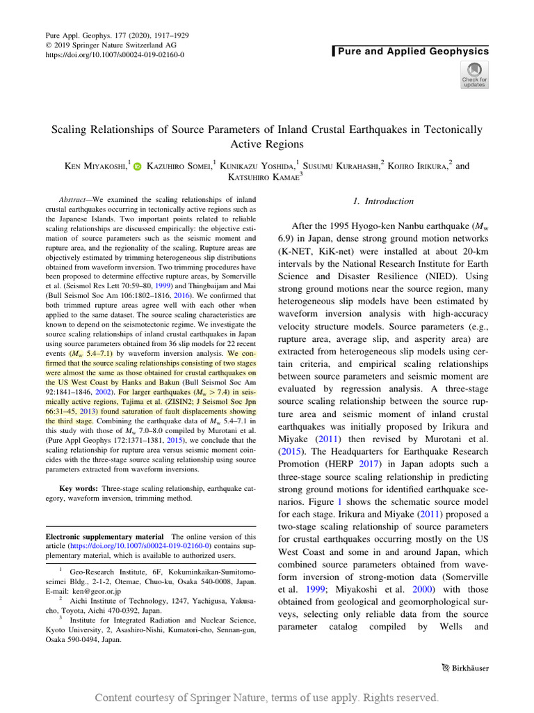 Miyakoshi Scaling Relationships of Source Parameters of Inla | PDF | Earthquakes | Plate Tectonics