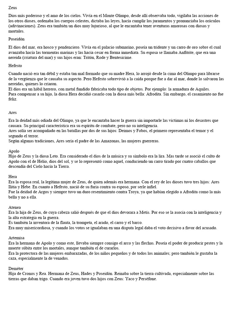 Dioses Del Olimpo | PDF | Zeus | Doce olímpicos