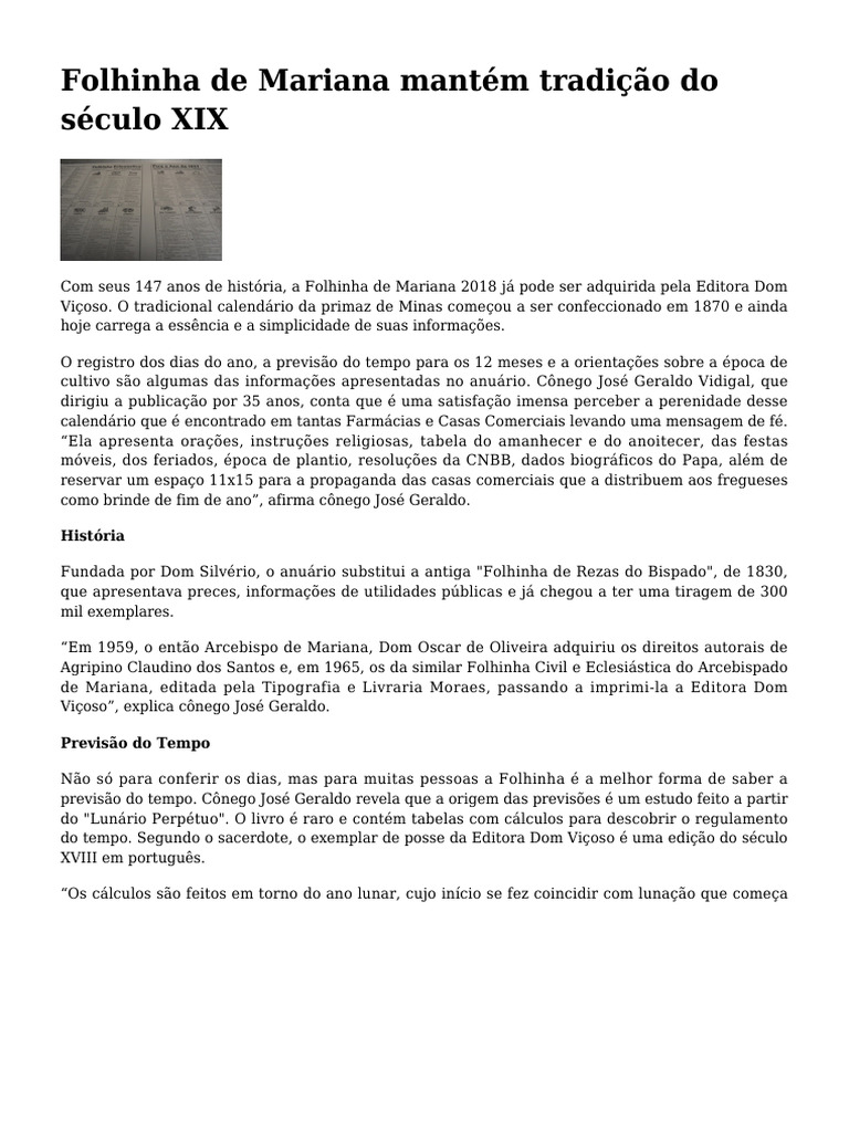 Folhinha de Mariana Mantem Tradicao Do Seculo Xixc166 | Download grátis PDF | Tempo