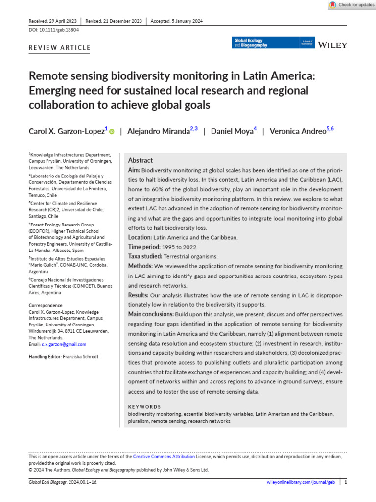 2024_Garzon‐Lopez Et Al_Remote Sensing Biodiversity Monitoring in Latin America | PDF ...