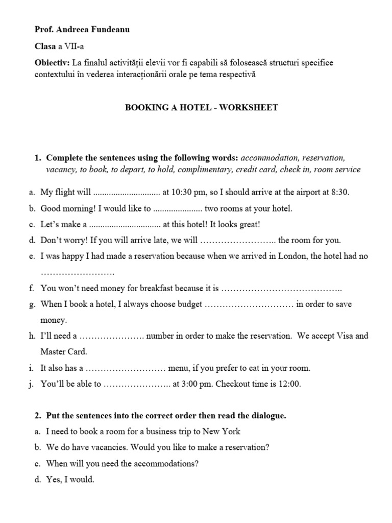 Hotel Booking Worksheet for Students | PDF