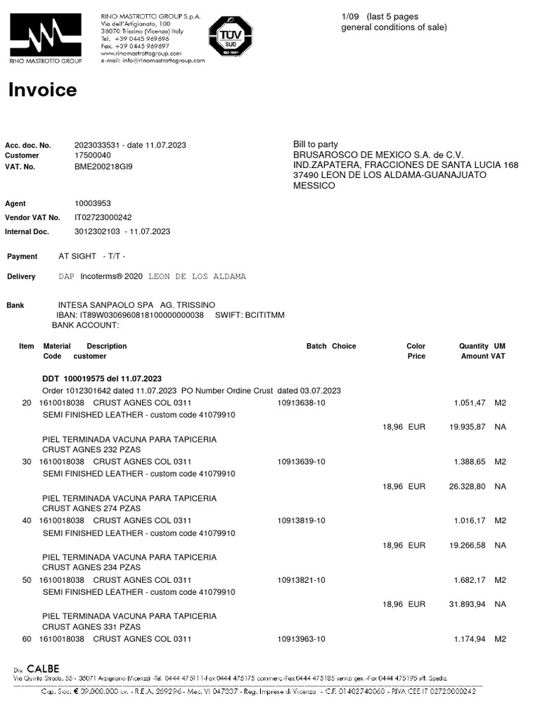 Invoice for Brusarosco Leather Supply | PDF | Value Added Tax | Invoice