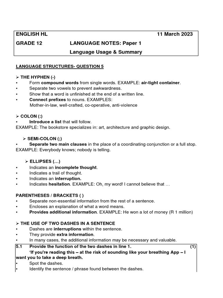 GR 12 Eng HL Paper 1 - SUMMARY and QUESTION 5 - Notes | PDF | Subject ...