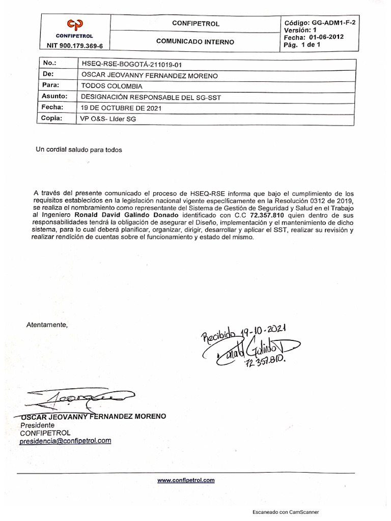 Comunicado Interno Designación Rep SGSST | PDF