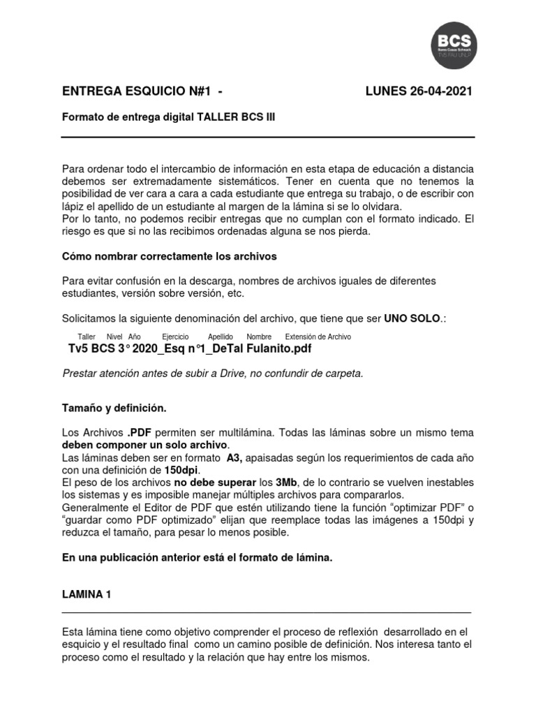 Condiciones de Entrega Esquicio #1 - Taller BCS - 3º Año - 2021 | PDF | Perspectiva (Gráfica ...