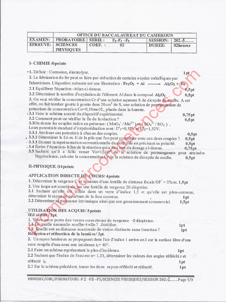 Epreuve Sciences Physiques Probatoire f2 f3 f5 ...