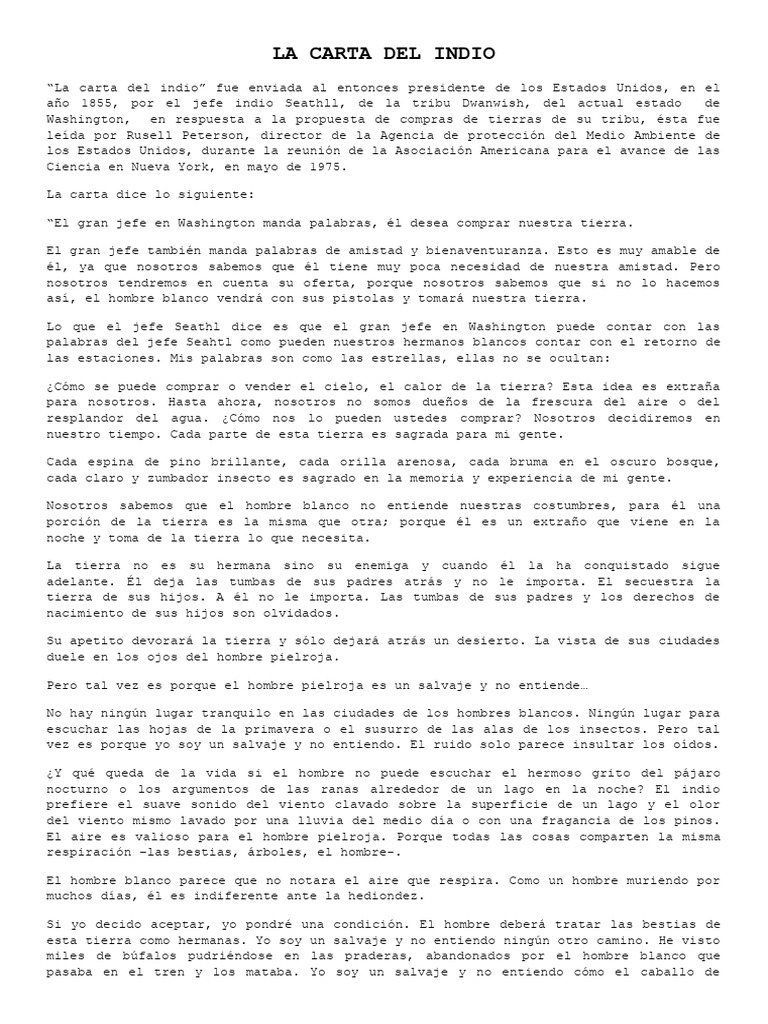 Carta del Jefe Indio Seathl 1855 | PDF