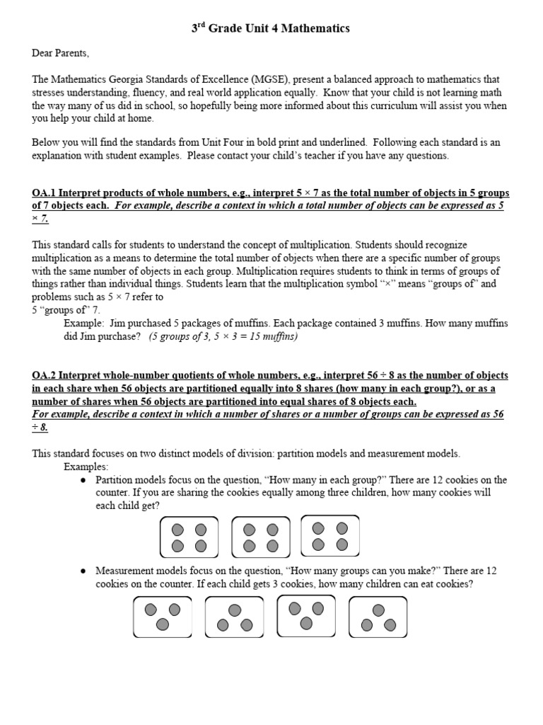 3rd Grade Unit 4 Parent Letter 16-17.Doc | PDF | Multiplication | Area
