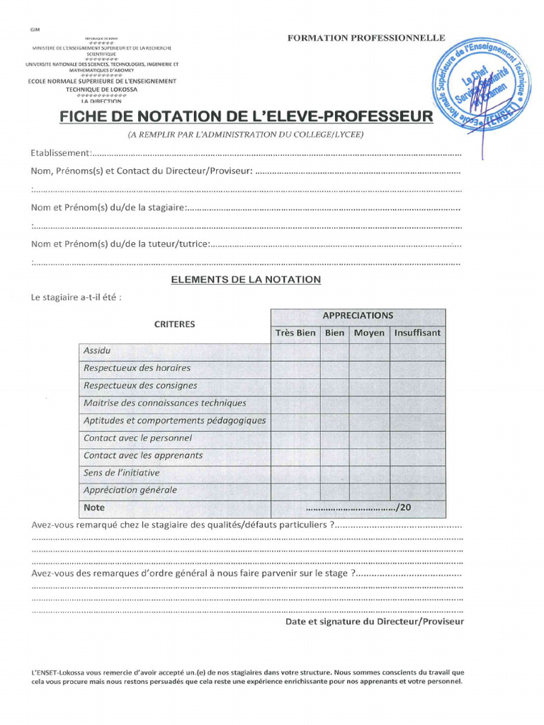 FICHE DE NOTATION DE STAGE MS | PDF