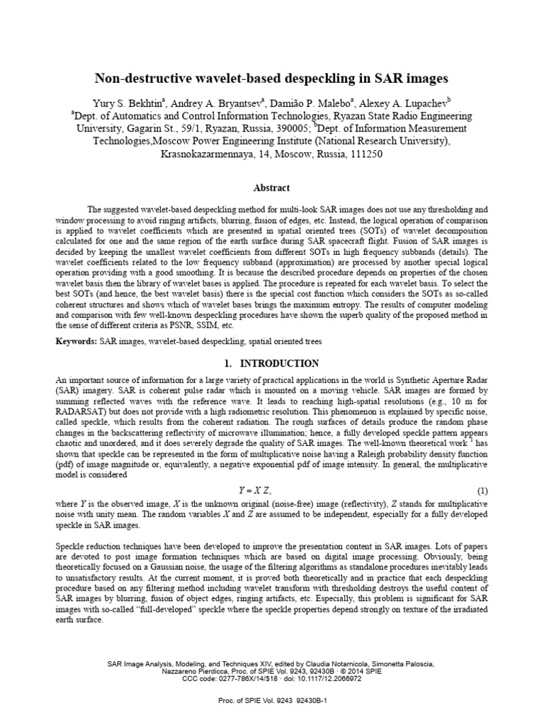 Non-Destructive Wavelet-Based Despeckling in SAR Images | Download Free PDF | Wavelet ...