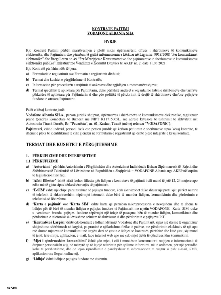 Termat Dhe Kushtet e Pergjithshme Per Sherbimet e Telefonise Se Levizshme | PDF