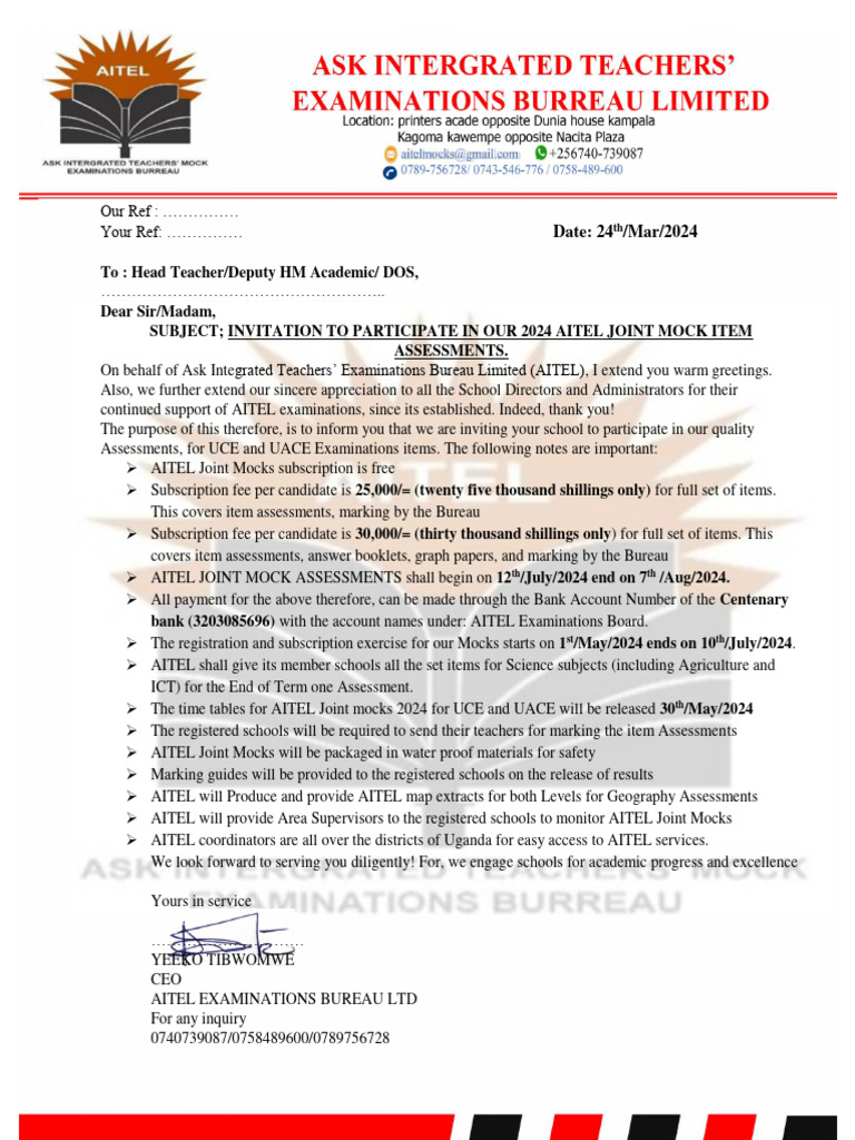 AITEL 2024 Mock Exam Invitation | PDF