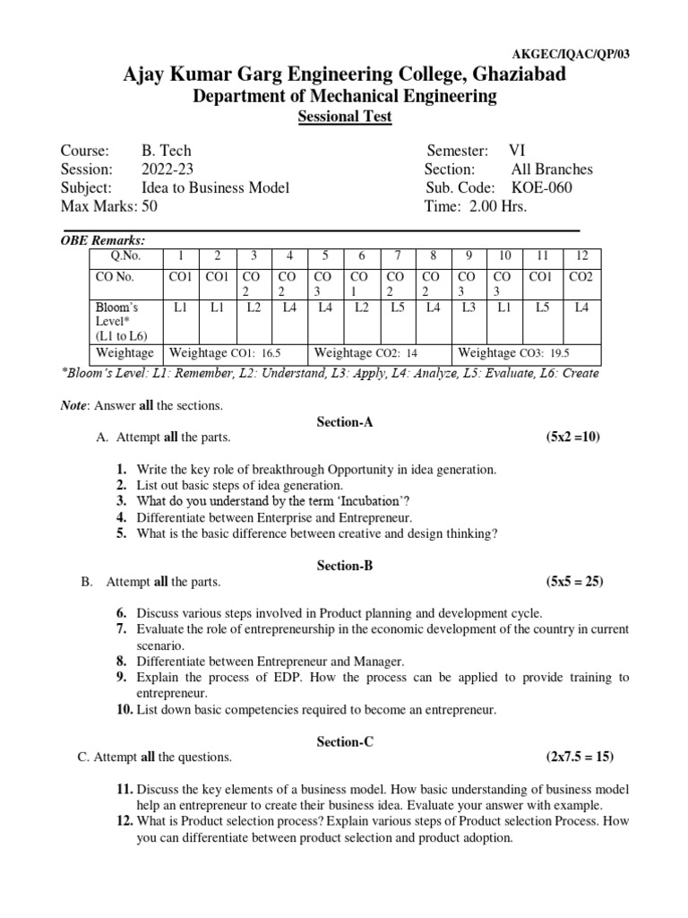 Idea to Business Model KOE-060 ST QP Even Sem 22-23 | PDF | Entrepreneurship | Cognition