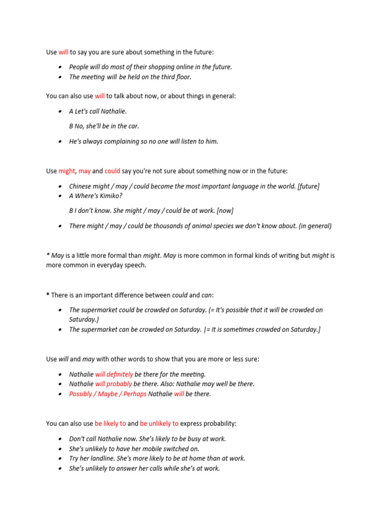 Expressing Probability. Will, Could, May, Might | PDF | Linguistics