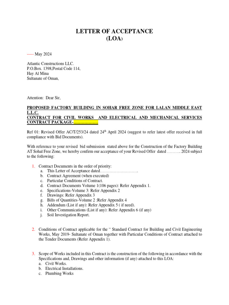 Oman-Draft Loa-06-05-24 | PDF | Addendum | General Contractor