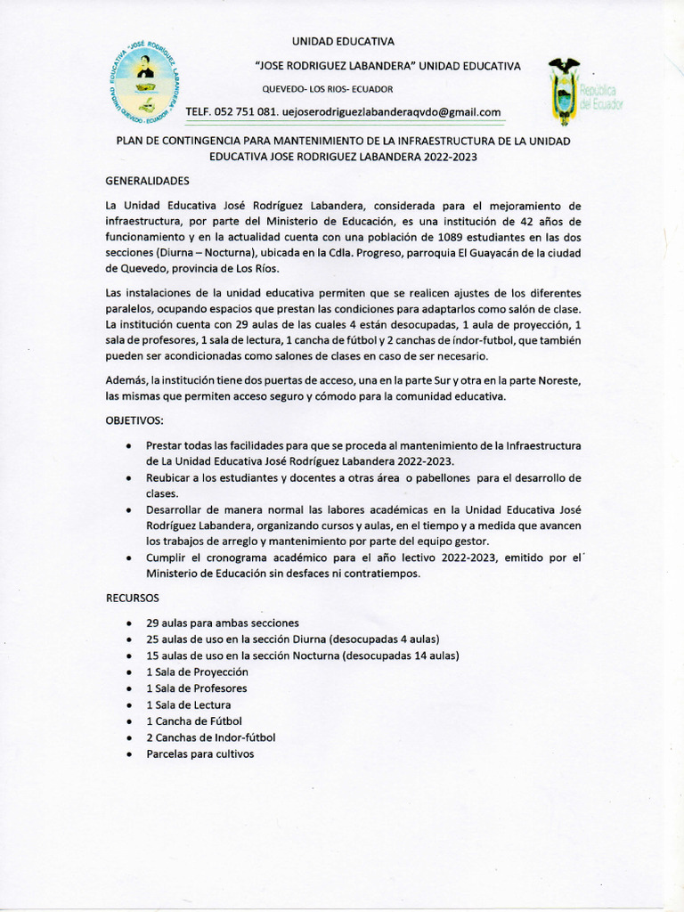 Plan de Contingencia Mantenimiento JRL | PDF