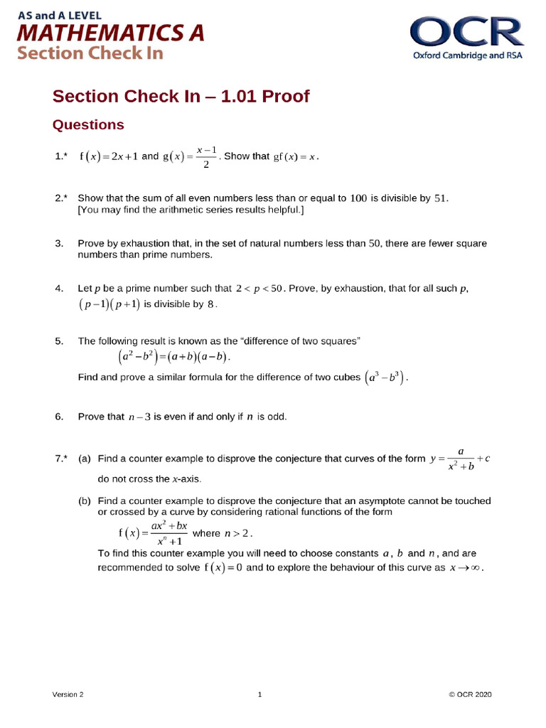 OCR A Level Mathematics A: 1.01 Proof Section Check in Test | PDF