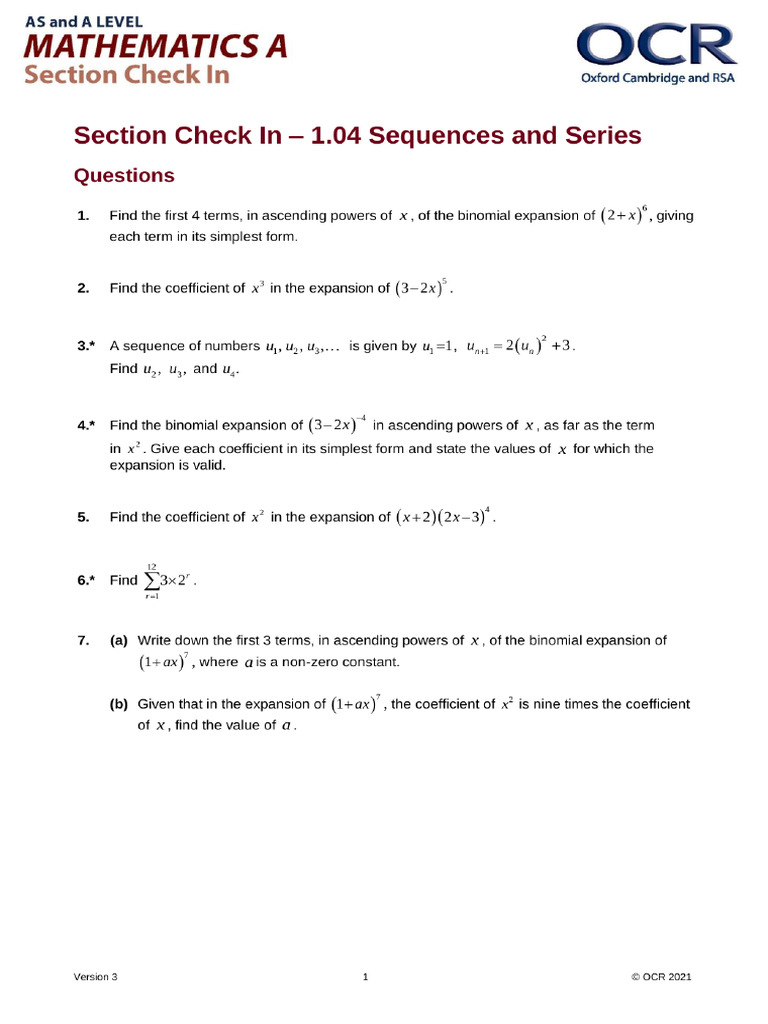 OCR A Level Mathematics A: 1.04 Sequences and Series Section Check in ...