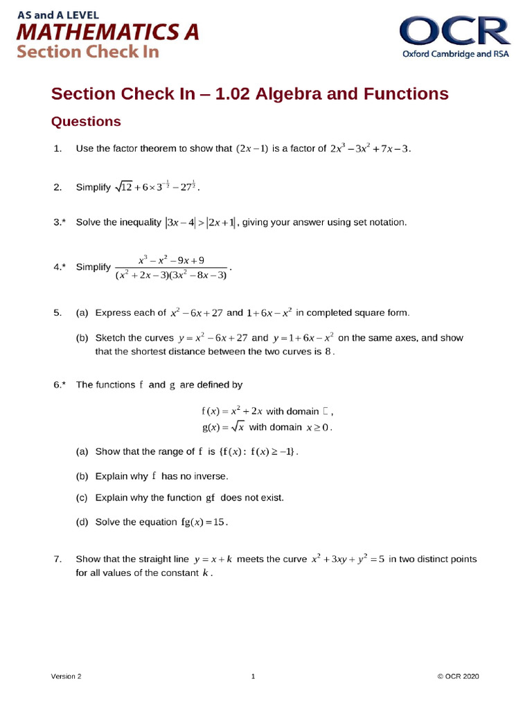 OCR A Level Mathematics A: 1.02 Algebra and Functions Section Check in ...