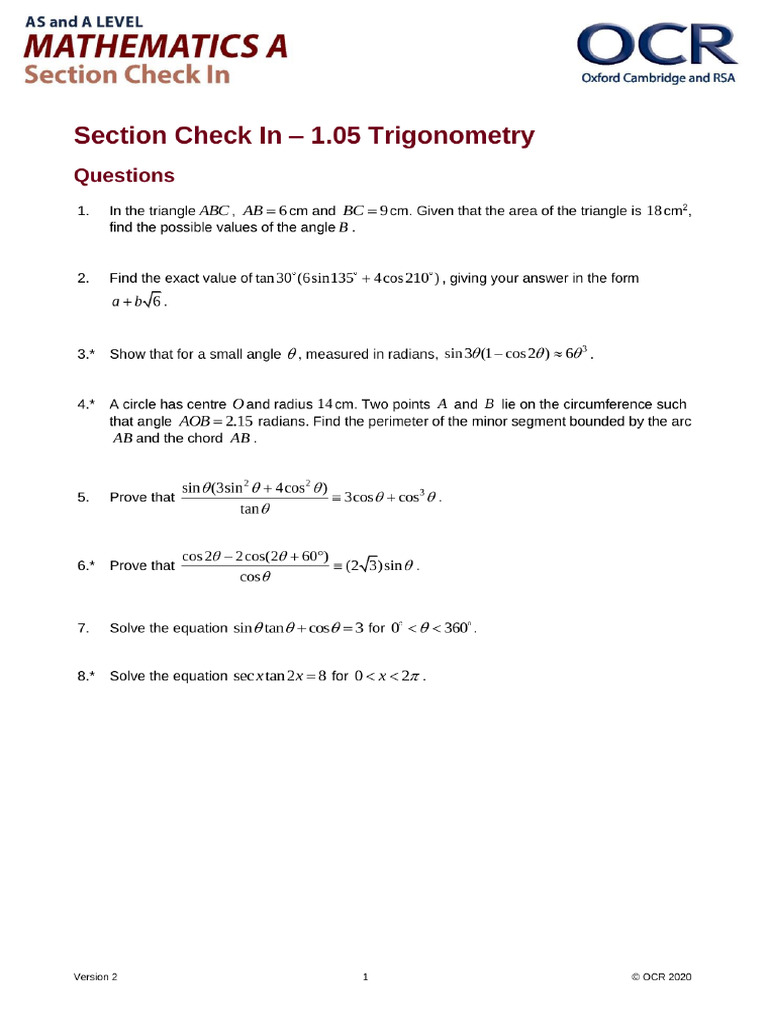 OCR A Level Maths A: 1.05 Trigonometry Section Check in Test | PDF