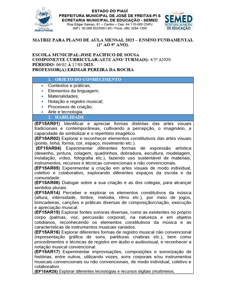 Plano Mensal de Artes 4º e 5º Anos | PDF | Pedagogia