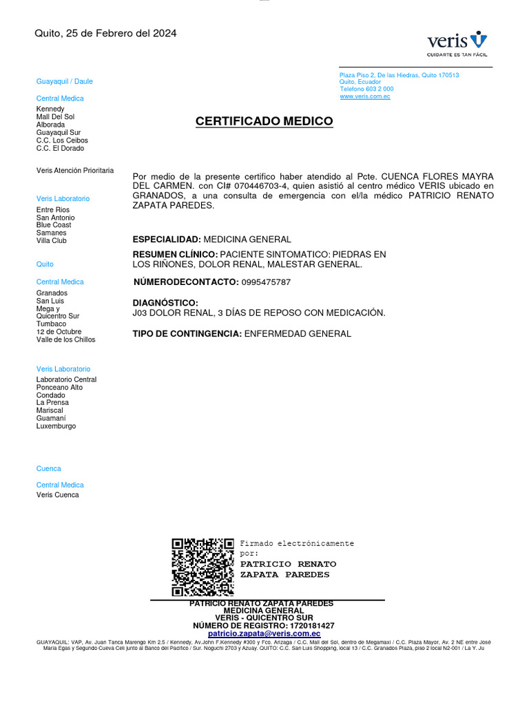 Certificado Médico Veris Ecuador | PDF | Medicina