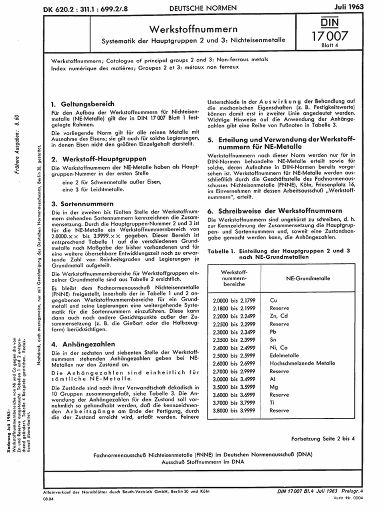 DIN 17007-4 - 1963-07 Werkstoffnummern - Systematik Der Hauptgruppen 2 Und 3 - Nichteisenmetalle ...