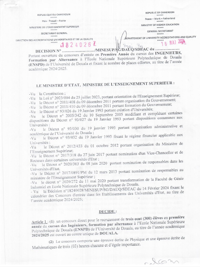 Concours ENSPD UD 2024 1ere Annee Ingenieurs Formation Par Alternance ...