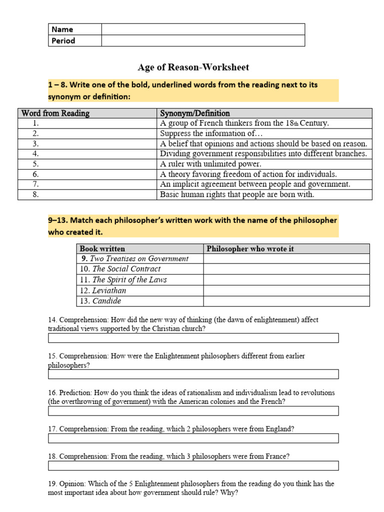 The Age of Reason Worksheet | PDF