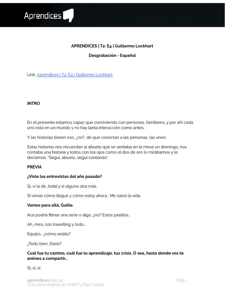 Aprendices - T2 - E4 - Guillermo Lockhart - Español - Desgrabación Corregida | PDF | Enseñando ...